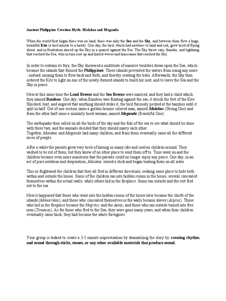 Ancient Philippine Creation Myth: Malakas and Maganda | PDF | Sea | Sky
