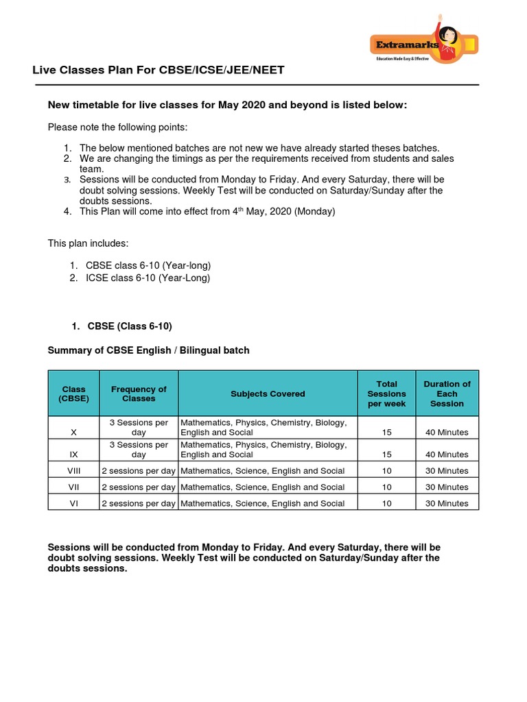 New Timetable Schedule For CBSE-ICSE 6-10 PDF | PDF | Schools | Science