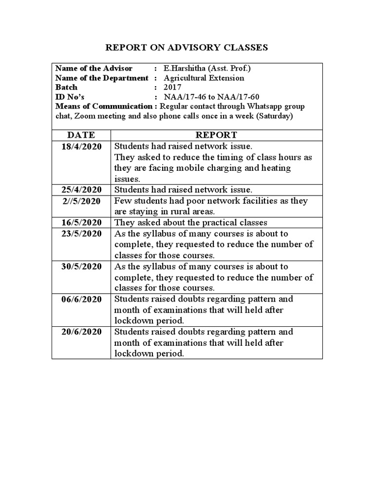 Advisory Classes Report 2017 Batch | PDF