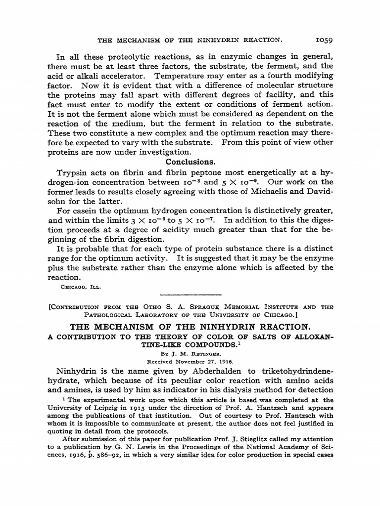 THE MECHANISM OF THE NINHYDRIN REACTION - Retinger, 1917 | PDF ...