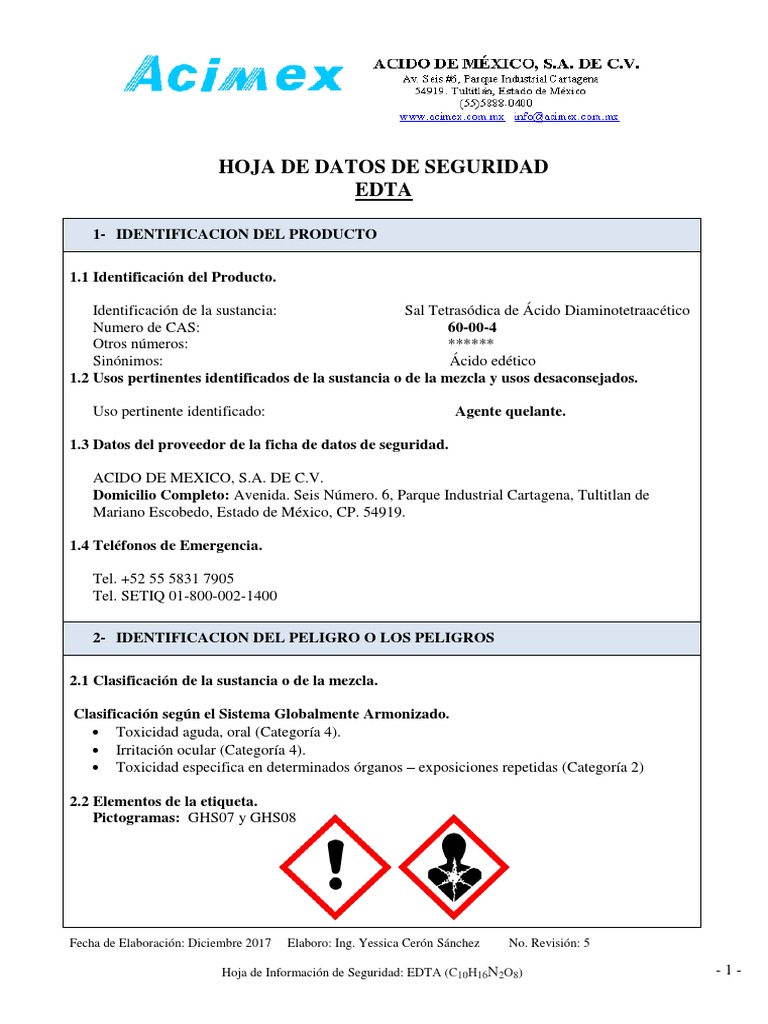 Hoja de Seguridad Edta PDF | Descargar gratis PDF | Materiales ...