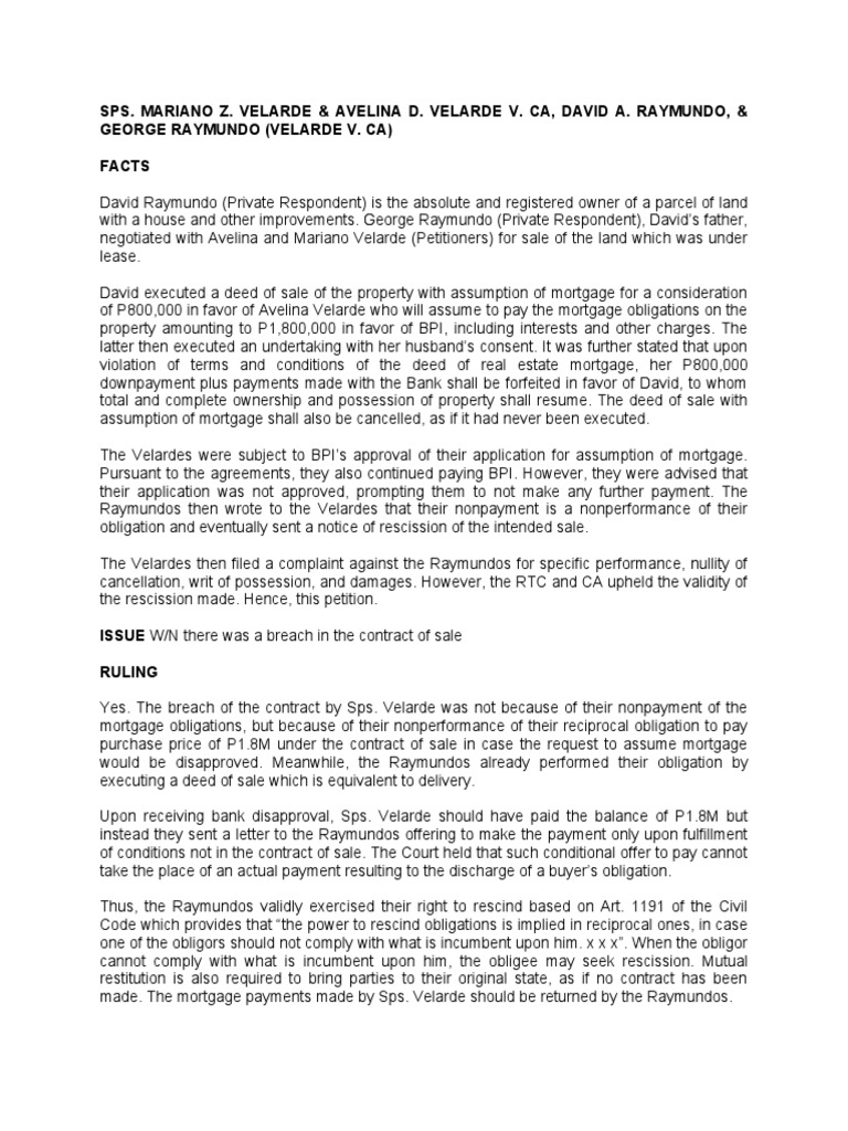 Sps. Mariano Z. Velarde & Avelina D. Velarde V. Ca, David A. Raymundo ...