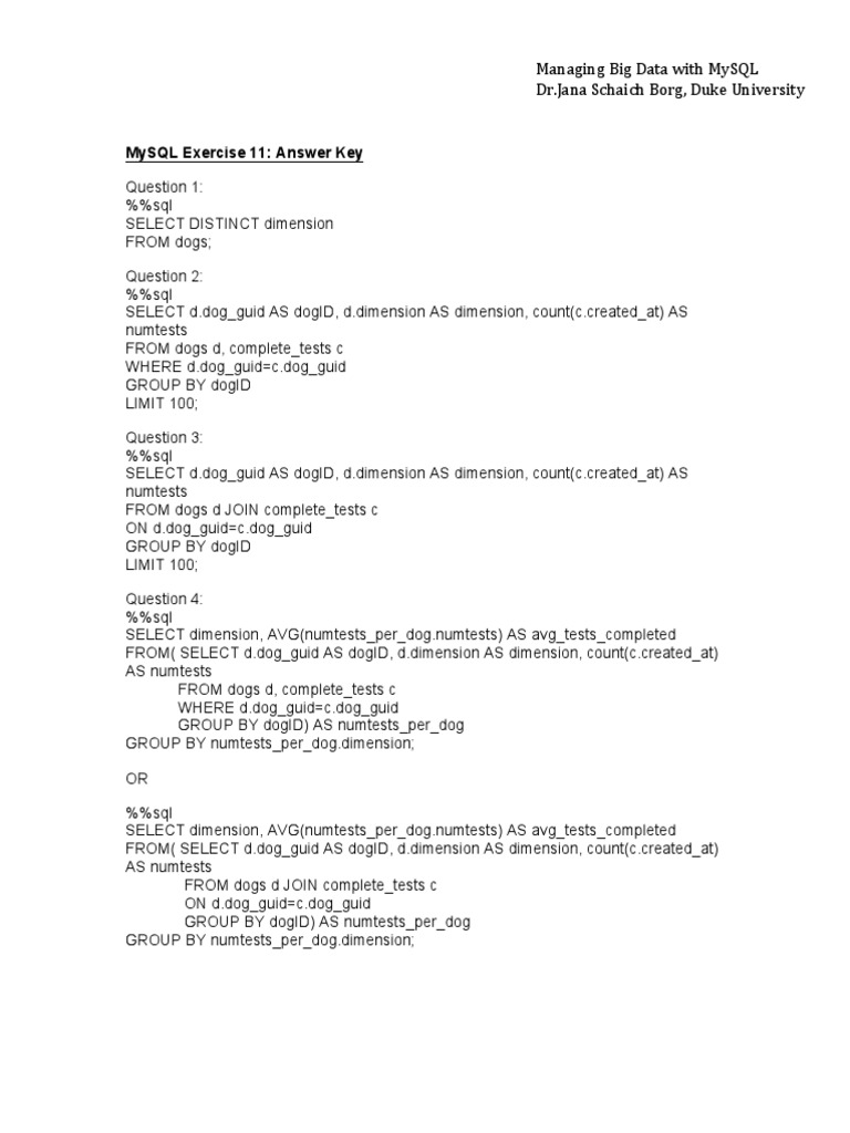 Mysql Exercise 11: Answer Key: Managing Big Data With Mysql DR - Jana ...