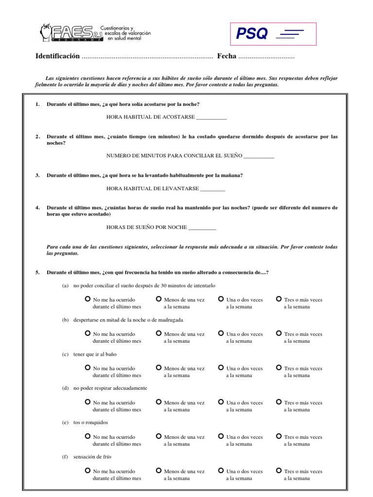PSQ-Indice de CALIDAD DE SUEÑO de Pittsburgh | PDF | Dormir | Sicología PSQ-Indice de CALIDAD DE SUEÑO de Pittsburgh | PDF | Dormir | Sicología