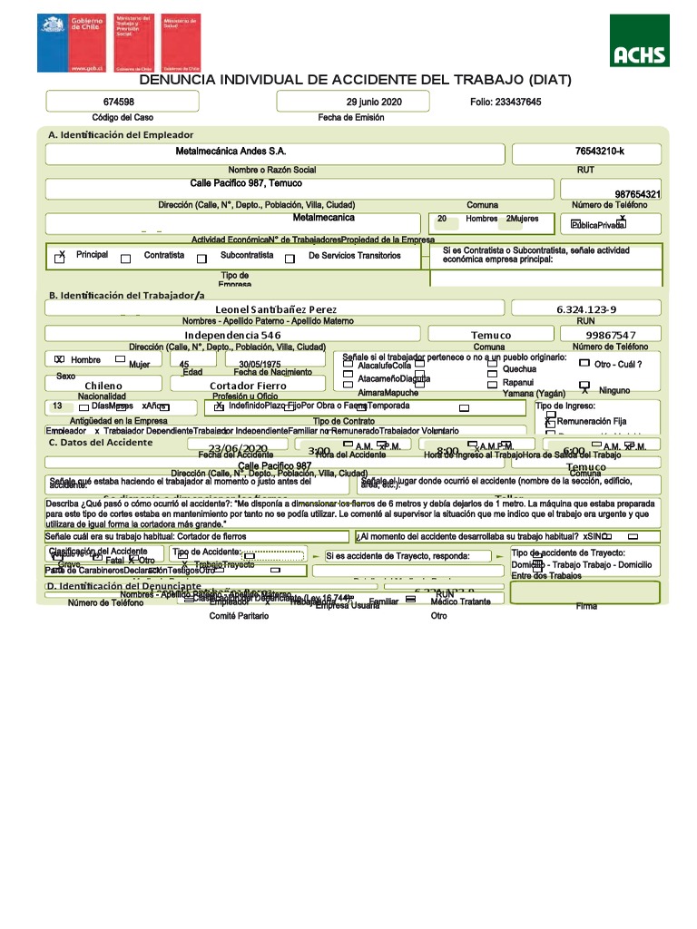 ACHS Formulario+DIAT | PDF | Agitación | Violencia