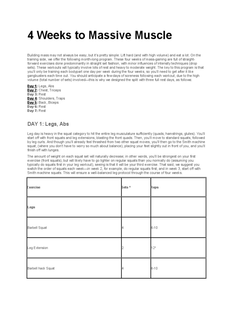 4 Weeks To Massive Muscle | PDF | Weight Training | Physical Exercise