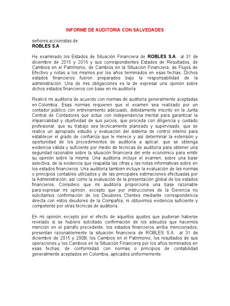 Informe de Auditoria Con Salvedades | PDF