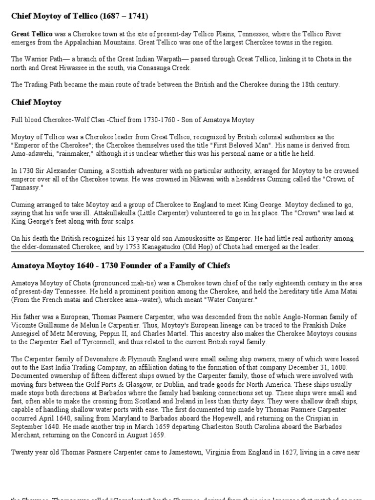 Chief Moytoy of Tellico: Legacy and Lineage | PDF | Cherokee Tribe ...