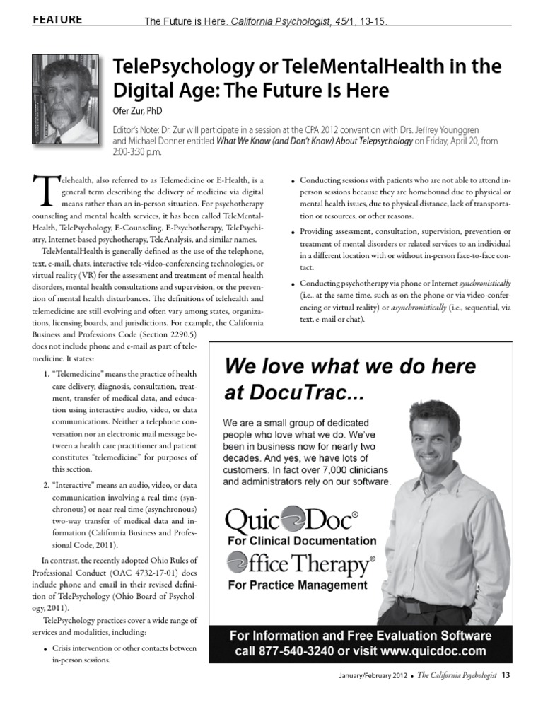 Telepsychology in The Digital Age | PDF | Psychotherapy | Mental Health