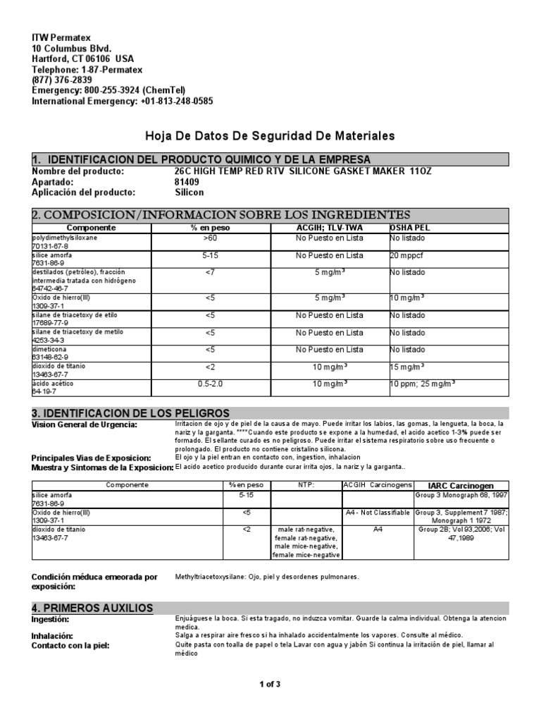 HDS Permatex 26C High Temp RTV Silicone | PDF | Formaldehído | Química