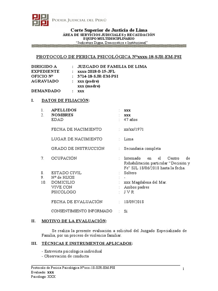 Protocolo de Pericia Psicológica-Poder Judicial | Descargar gratis PDF | Timidez | Las emociones