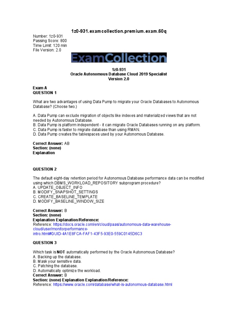 1z0-931 ORACLE DATABASE AUTONOMOUS | PDF | Databases | Cloud Computing