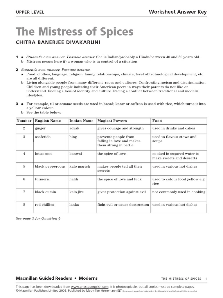 The Mistress of Spices: Worksheet Answer Key | PDF | Turmeric | Asian ...