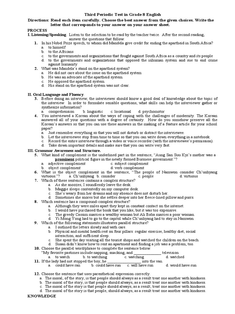 Grade 8 English Test: Mandela & More | PDF | Apartheid | Nelson Mandela