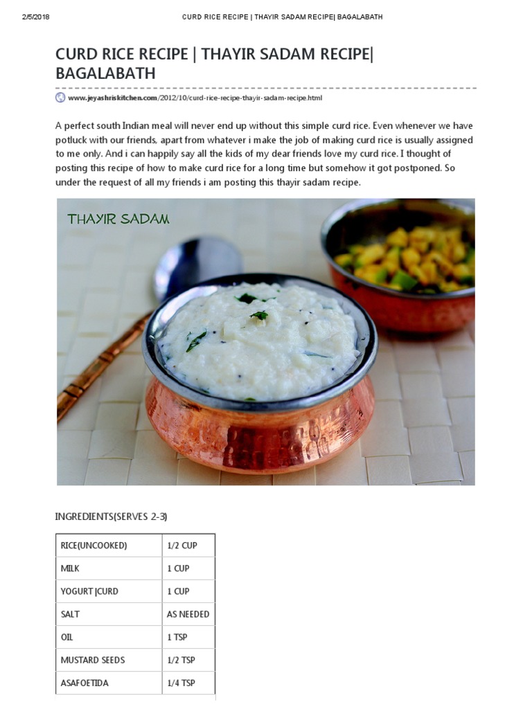 Curd Rice Recipe - Thayir Sadam Recipe - Bagalabath | PDF | Yogurt | Foods
