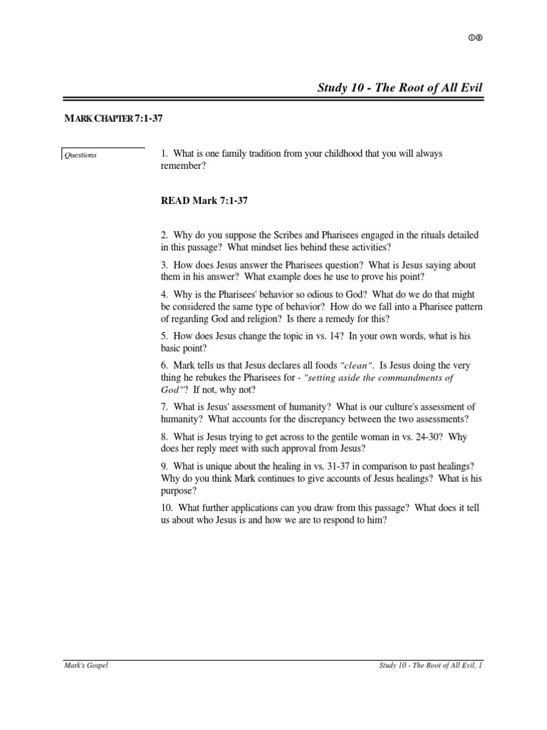 Study 10 - The Root of All Evil: READ Mark 7:1-37 | Download Free PDF ...