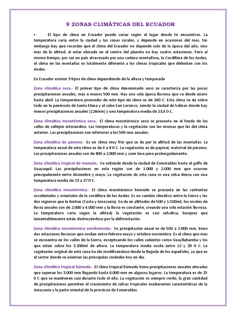 9 Zonas Climáticas Del Ecuador | PDF | Clima | Clima templado