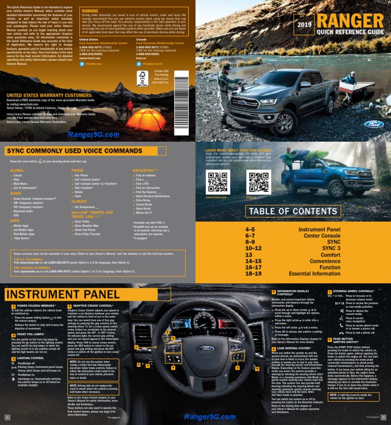 2019 Ford Ranger Quick Reference Guide | PDF | Four Wheel Drive ...