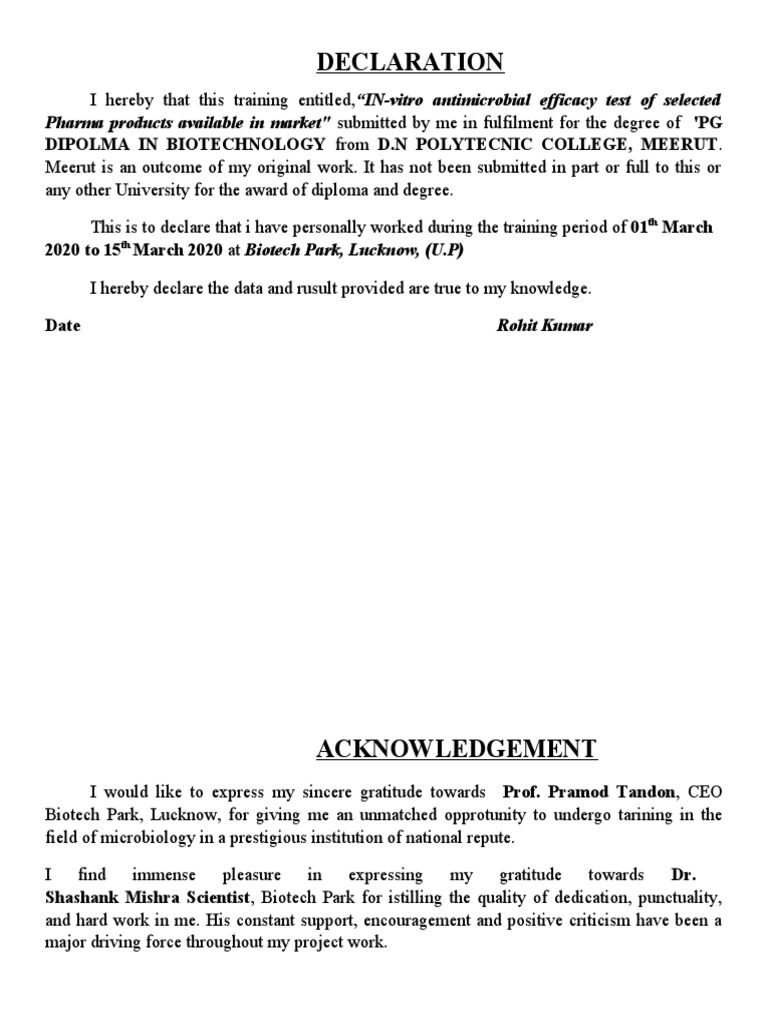 Declaration: Dipolma in Biotechnology From D.N Polytecnic College ...
