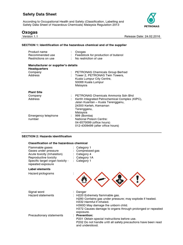 Oxogas: Safety Data Sheet | PDF | Dangerous Goods | Toxicity