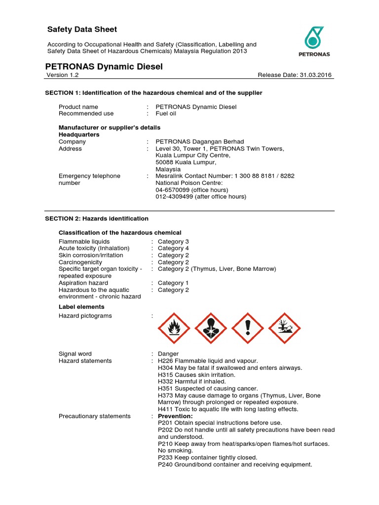 Petronas Dynamic Diesel | PDF | Toxicity | Dangerous Goods