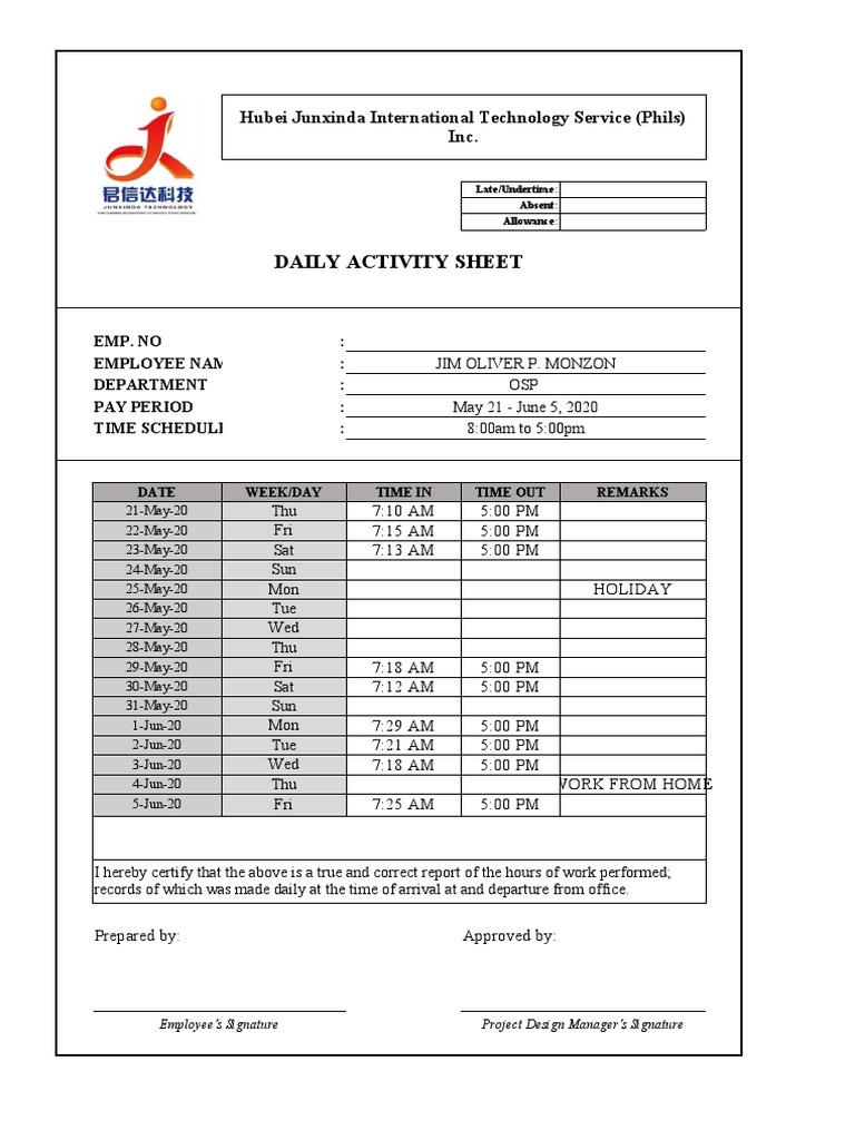 Daily Activity Sheet: Hubei Junxinda International Technology Service ...