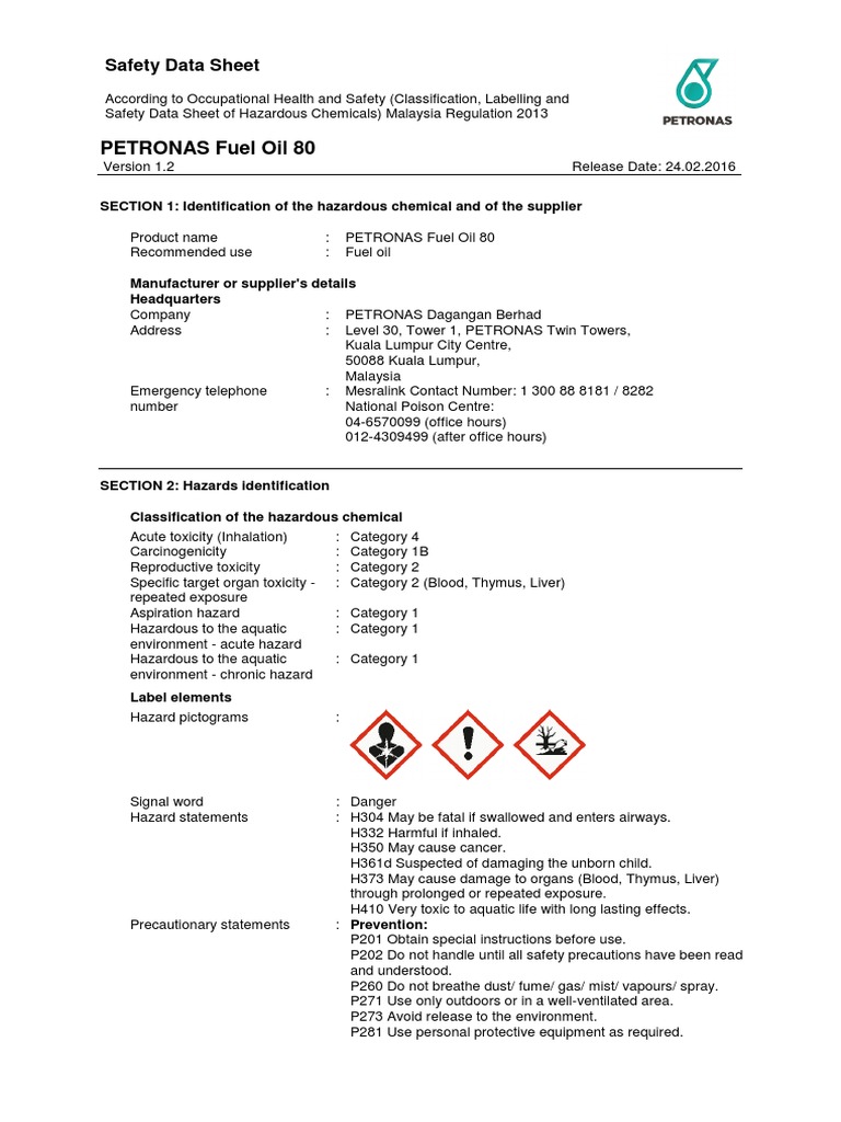 PETRONAS Fuel Oil 80: Safety Data Sheet | Download Free PDF | Toxicity ...