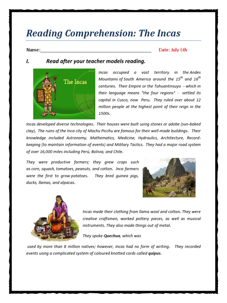July 6th - The Incas Reading Comprehension | PDF | Inca Empire ...