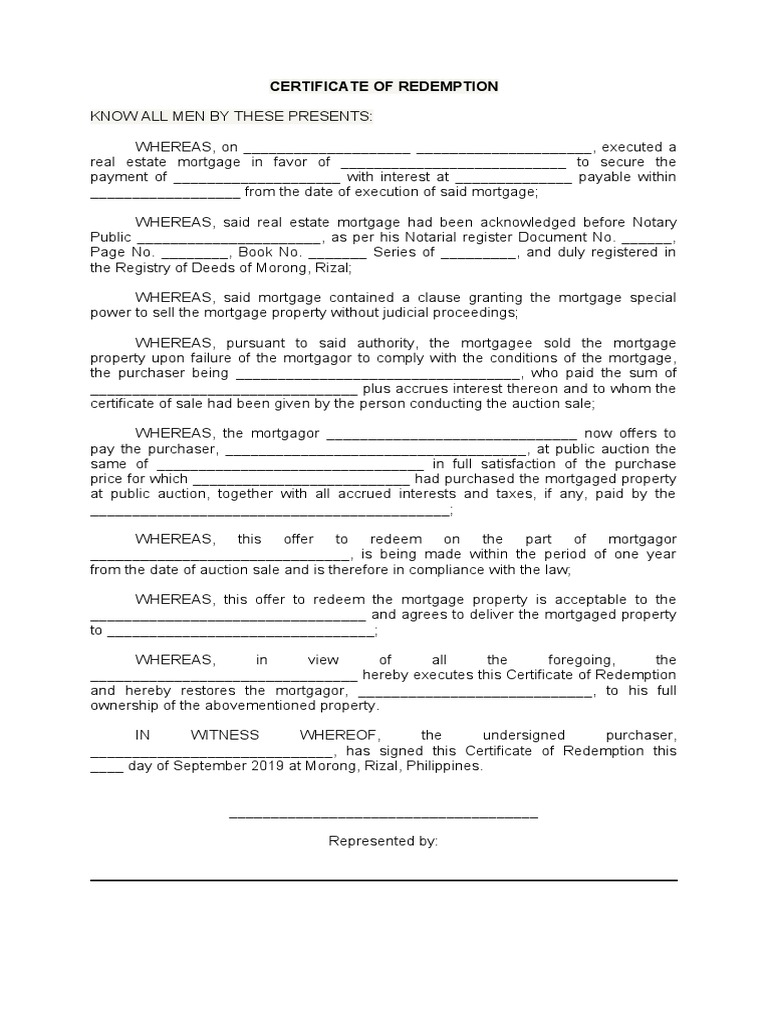 Certificate of Redemption2 | PDF | Real Property Law | Mortgage Law