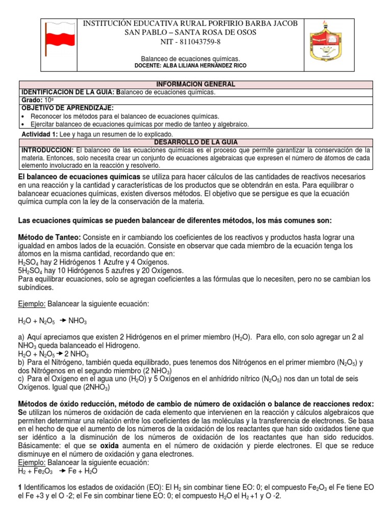 Guía de Balanceo de Ecuaciones Químicas | PDF | Redox | Estequiometría