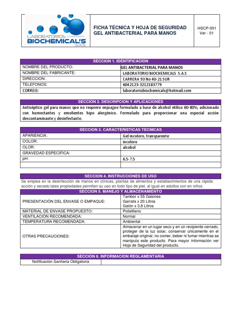 Ficha Tecnica y Hoja de Seguridad Gel Antibacterial para Manos | PDF | Seguridad y salud ...