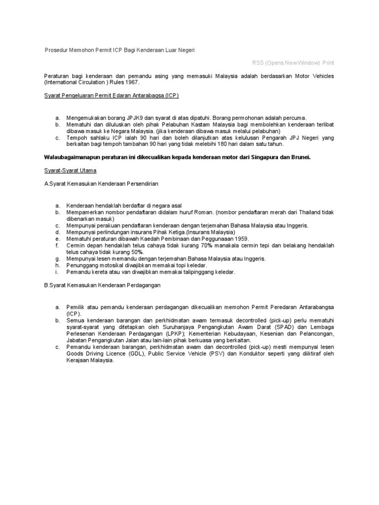 Prosedur Memohon Permit ICP Bagi Kenderaan Luar Negeri | PDF
