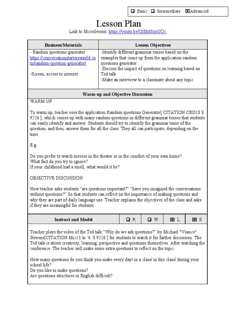 Technology Enriched Listeningspeaking Lesson Plan Pdf Question