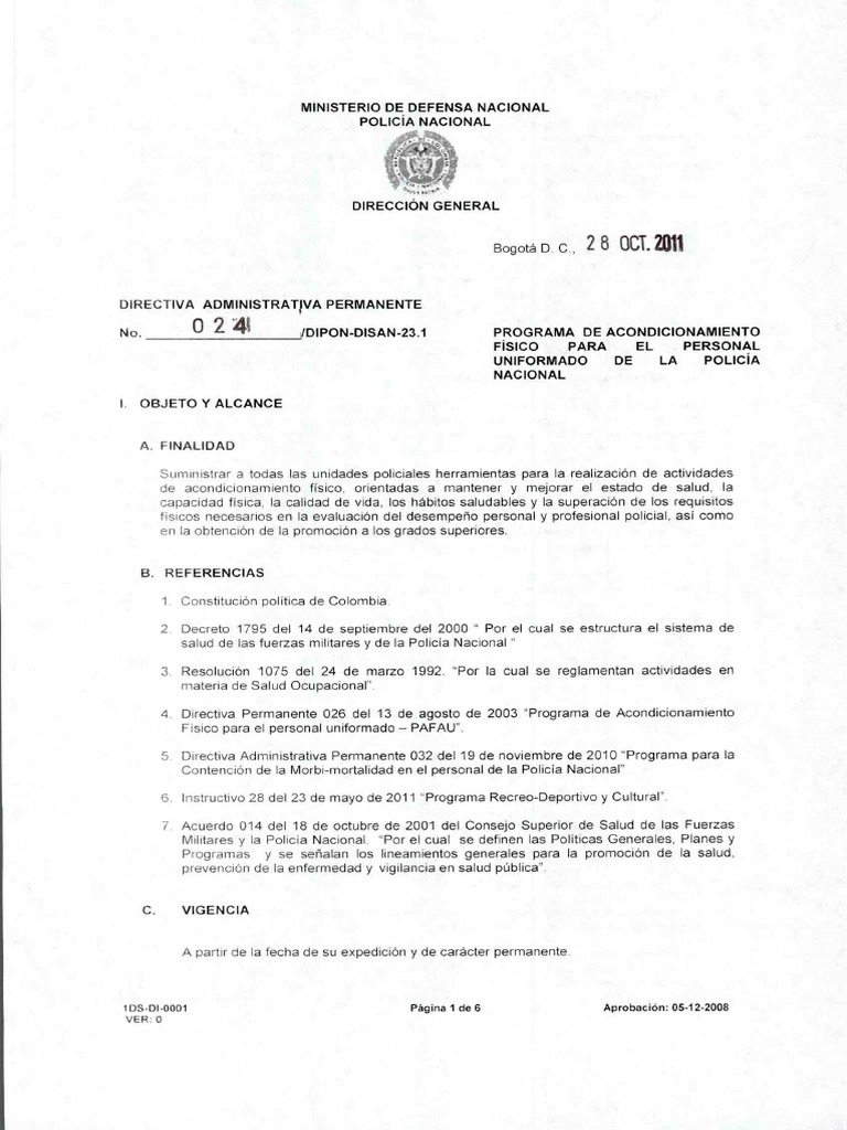 D.A.P No. 024 DIPON DISAN Del 281011 PROGRAMA DE ACONDICIONAMIENTO FÍSICO PDF | PDF