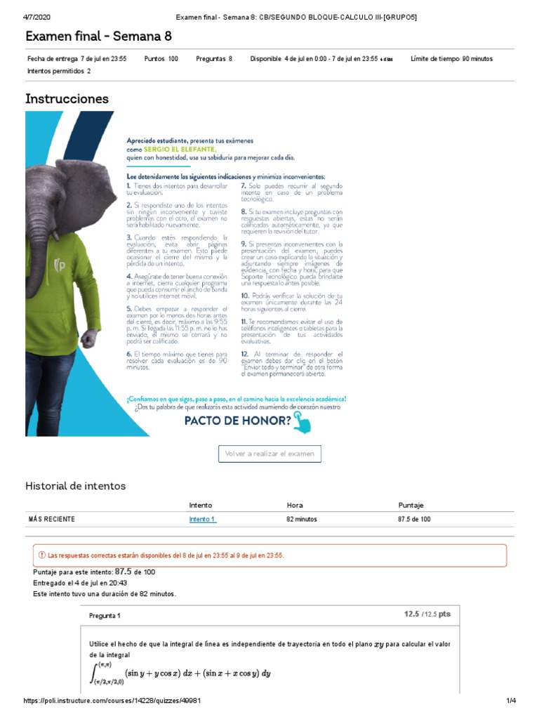 Examen Final - Semana 8 - CB - SEGUNDO BLOQUE-CALCULO III - (GRUPO55) PDF | PDF | Integral ...