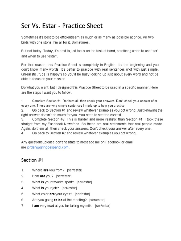 Ser vs. Estar - Practice Sheet: Section #1 | PDF