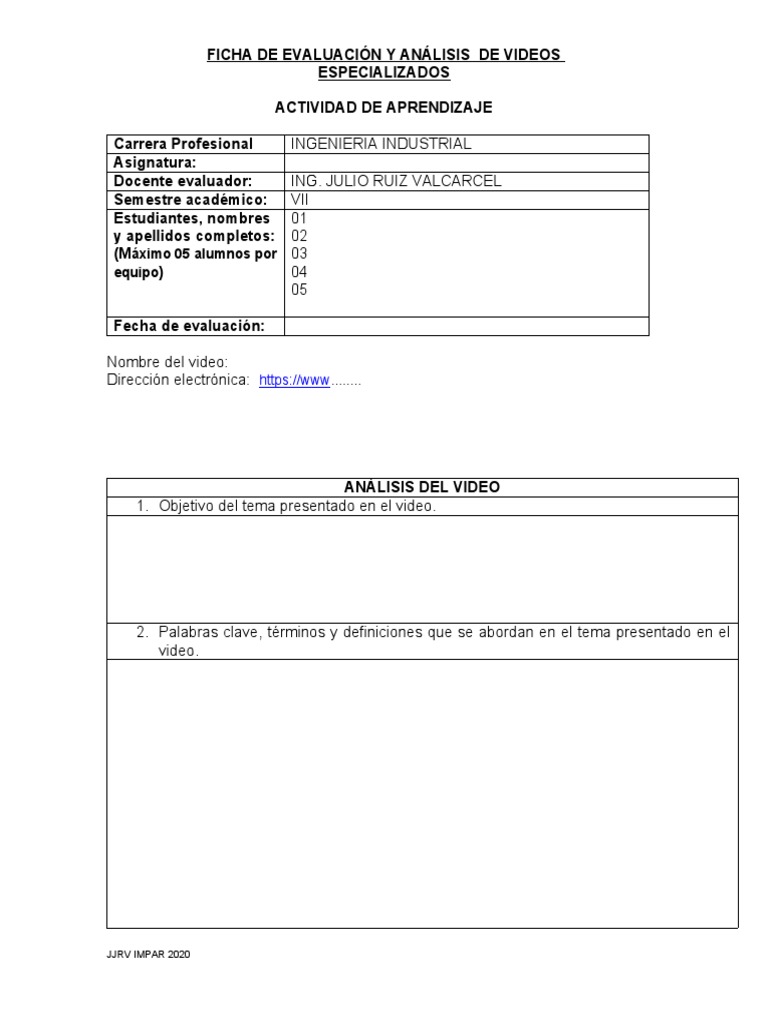 Ficha De Evaluación Analisis De Videos Pdf Vídeo Evaluación