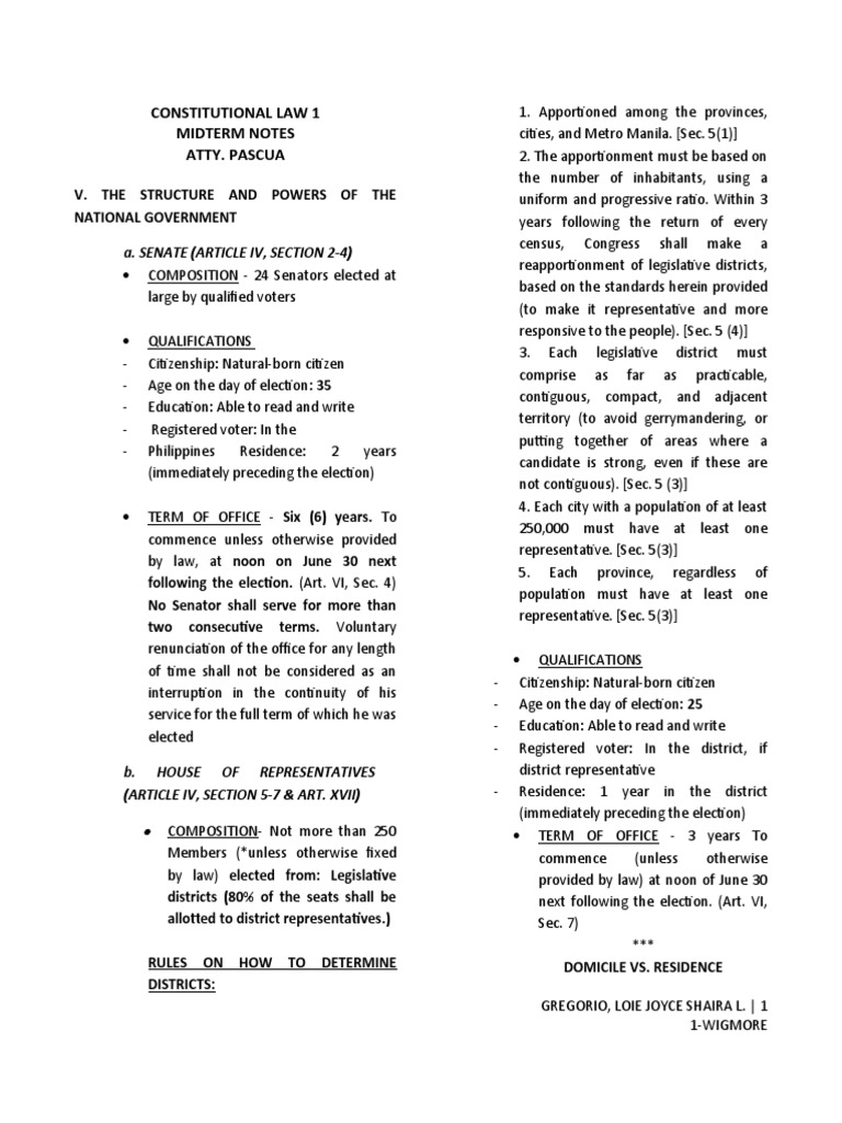 Constitutional Law 1 Midterm Notes Atty. Pascua: A. Senate (Article Iv ...