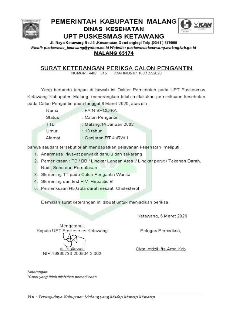Surat Ket. Periksa CATIN 2020 | PDF | Kesehatan Holistik | Sains ...