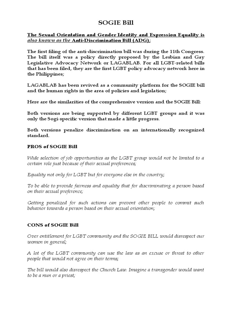 SOGIE Bill (Pros and Cons) | PDF | Lgbt | LGBTQIA+ Studies