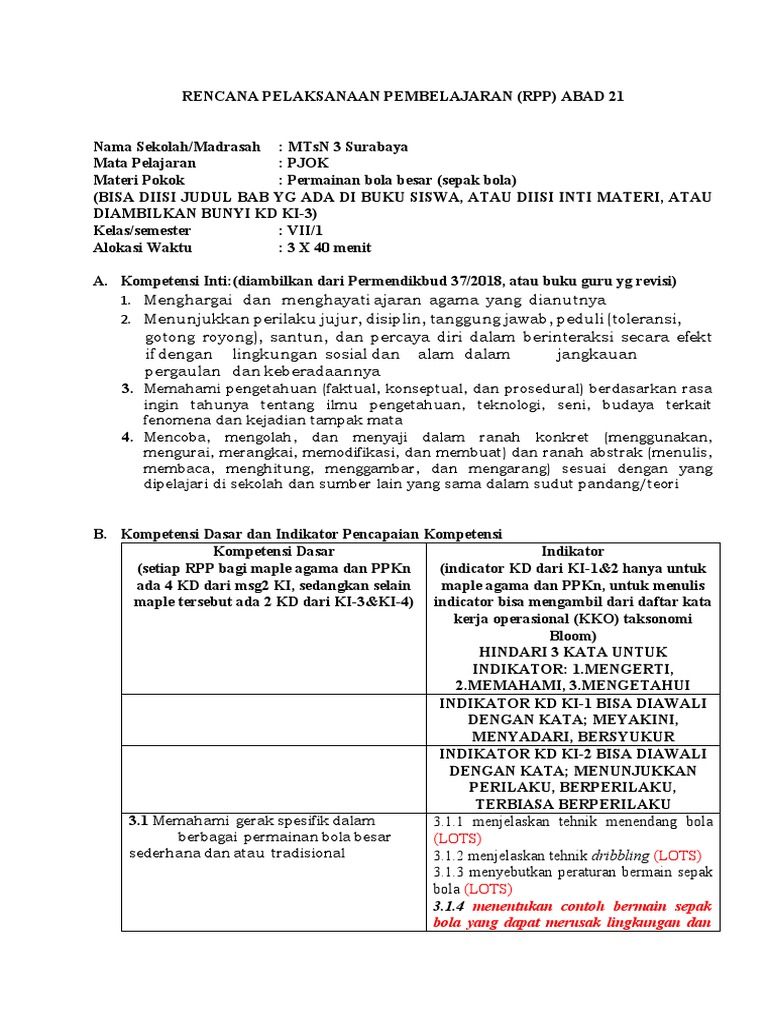 Contoh RPP PJOK Abad 21 Dan Berbasis Adiwiyata | PDF