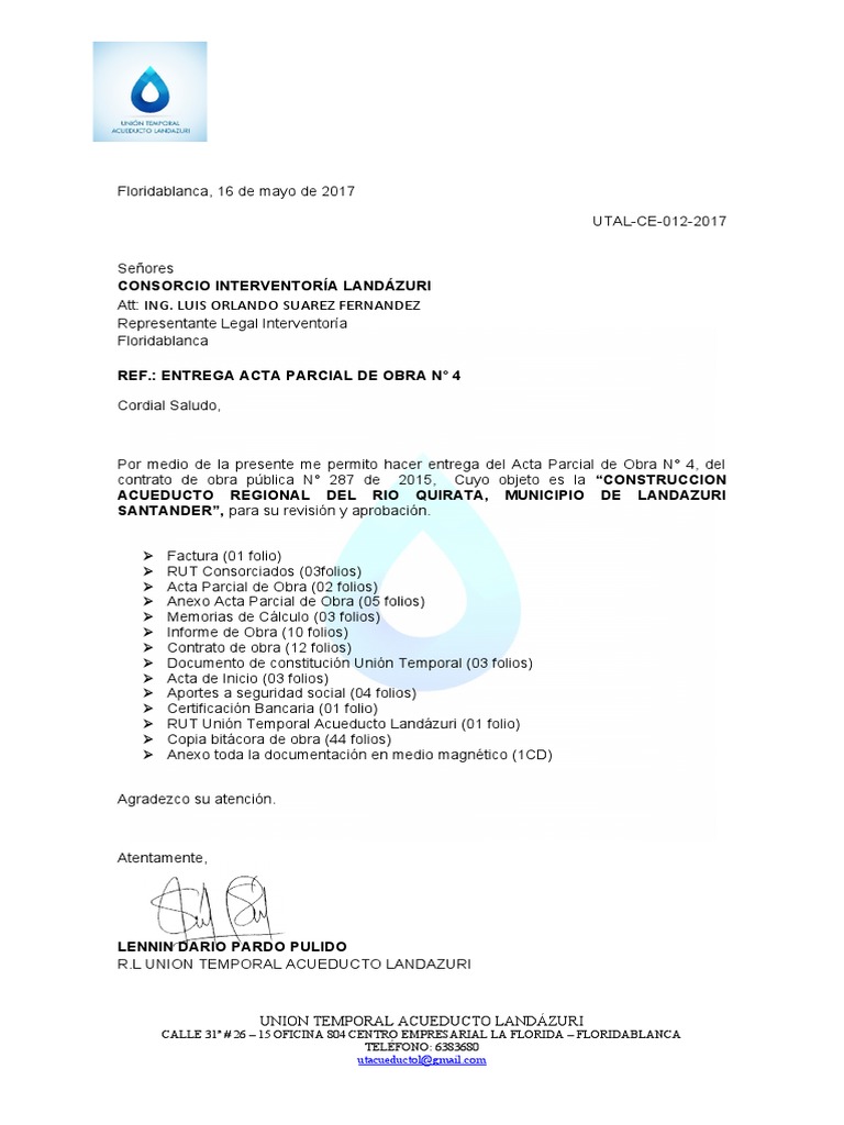 Oficio Entrega Acta Parcial de Obra N°7 | PDF