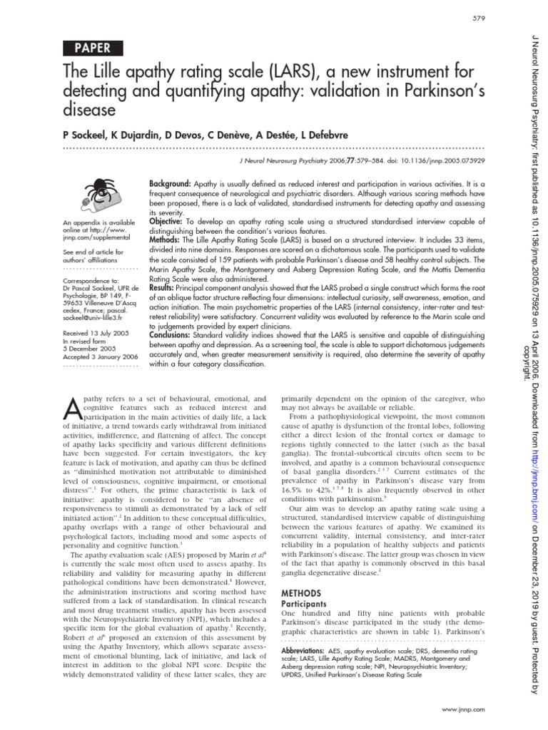 The Lille Apathy Rating Scale (LARS), A New Instrument For Detecting ...