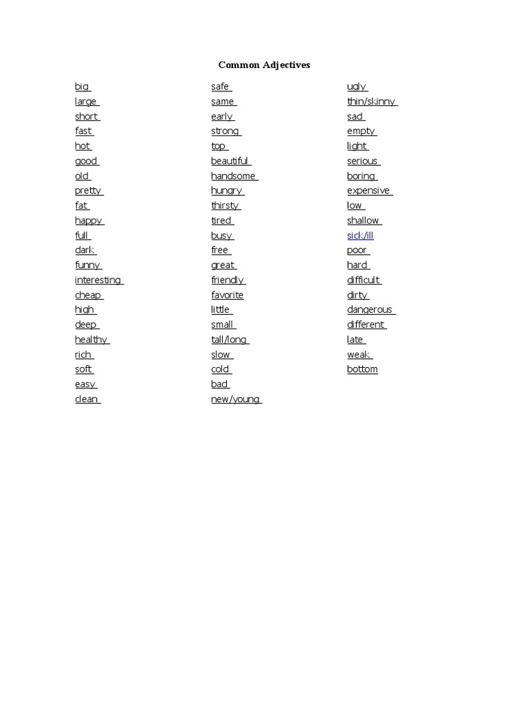 Most Common Adjectives List | PDF
