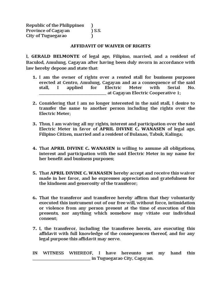 Affidavit of Waiver of Electric Rights | PDF | Affidavit | Legal Procedure