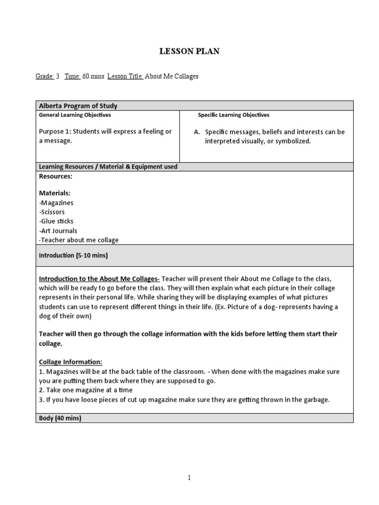 Lesson Plan: Grade: 3 Time: 60 Mins Lesson Title: About Me Collages ...