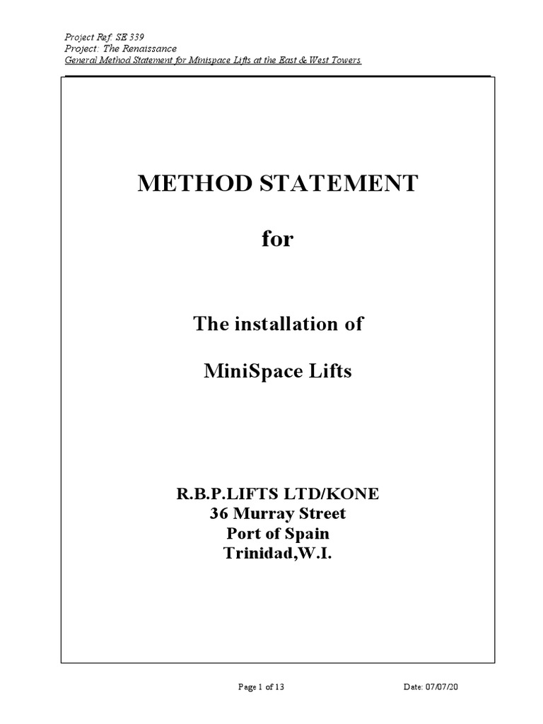 Method Statement For The Installation of Minispace Lifts - The ...