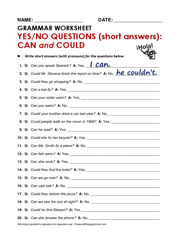 YES/NO QUESTIONS (Short Answers) : CAN Could: Grammar Worksheet | PDF