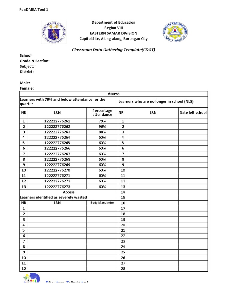 Classroom Data Gathering Template (CDGT) : Eastern Samar Division | PDF ...