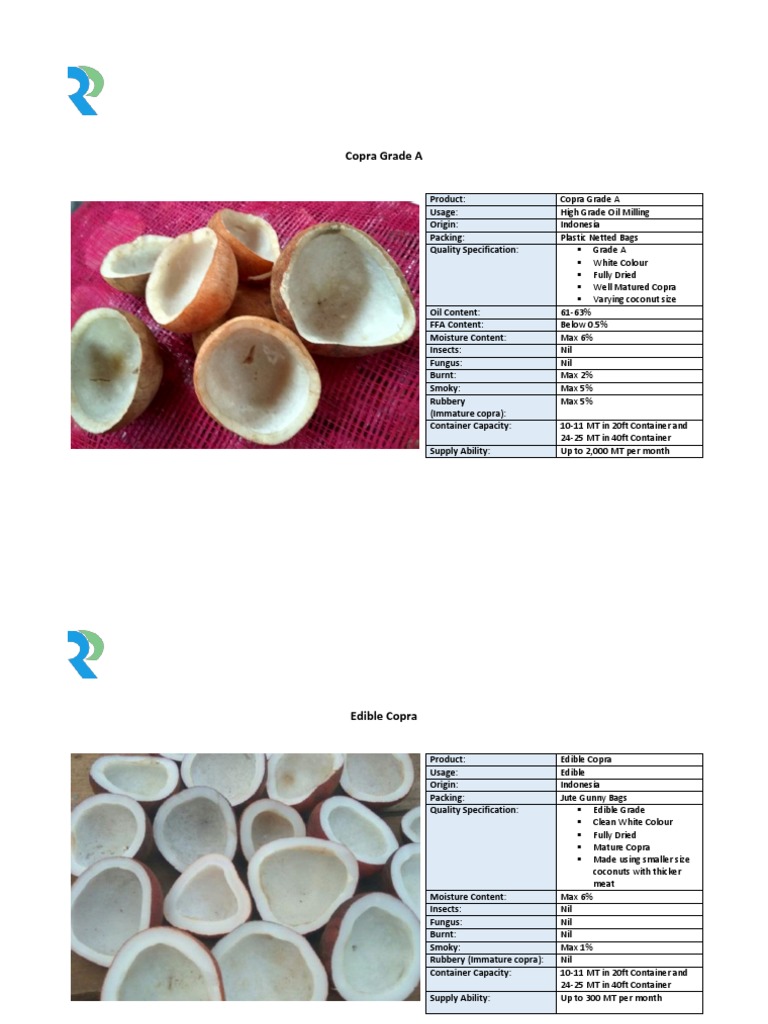 Copra Grade A: Product: Usage: Origin: Packing: Quality Specification ...